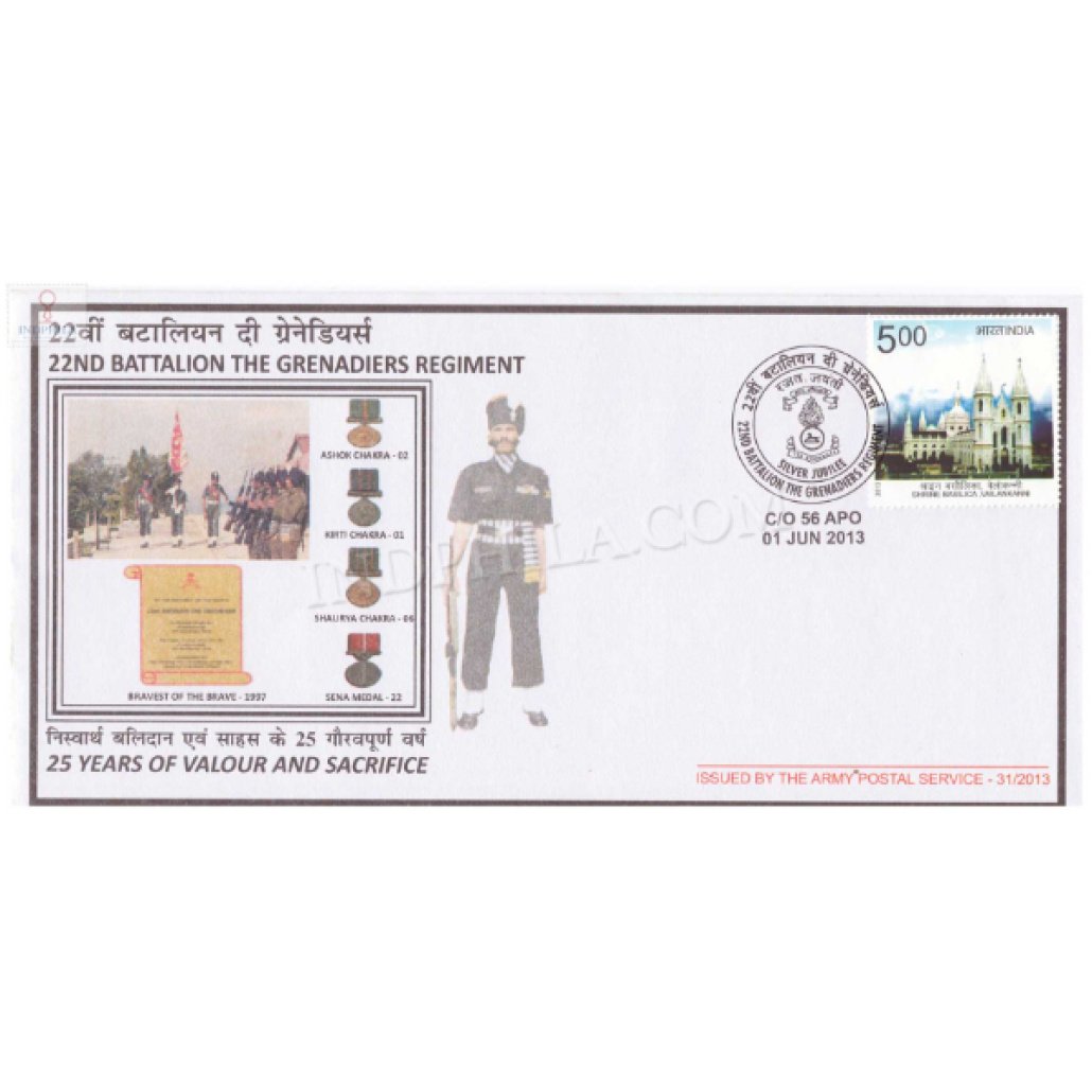 India 2013 22nd Battalion the Grenadiers Regiment Army Postal Cover ...